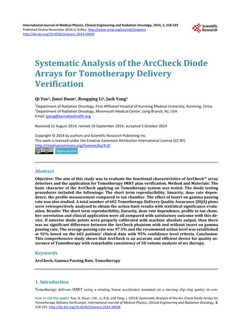 Pdf Systematic Analysis Of The Arccheck Diode Arrays For Tomotherapy