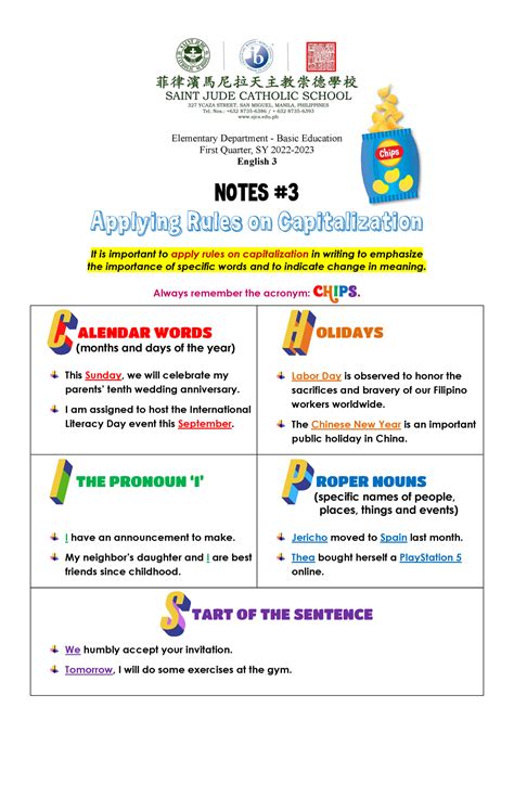 Notes Applying Rules On Capitalization Elementary Department Basic Education First Quarter