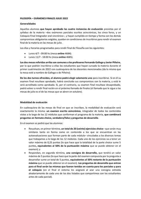 Filosofía Anuncio relativo a los exámenes finales FILOSOFÕA EX