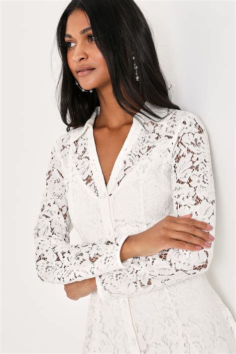 White Mini Dress Long Sleeve Lace Dress Button Front Dress Lulus