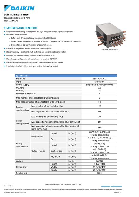 Daikin Bsf4a54aavj Branch Selector Box 4 Port Submittal Data Sheet