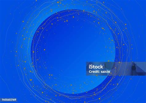 황금빛 물결 모양의 선과 반짝이는 점들의 추상적인 배경을 가진 파란 원 곡선에 대한 스톡 벡터 아트 및 기타 이미지 곡선 구부리기 금 금속 Istock