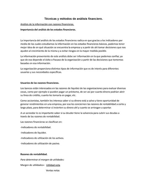 Técnicas Y Métodos De Análisis Financiero Análisis De La Información