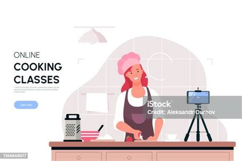 부엌에서 요리 동영상 블로그를 녹음 하는 젊은 여자 집에서 음식을 준비하는 아름다운 요리사 여성 온라인 요리 수업 개념 벡터 그림입니다 요리 교실에 대한 스톡 벡터 아트 및