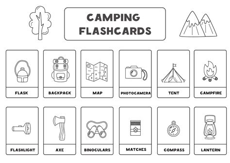 Black And White Camping Items With Names Flashcards For Learning