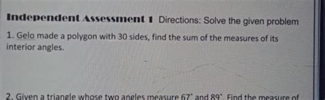 Solved Independent Assessment 1 Directions Solve The Given Problem 1