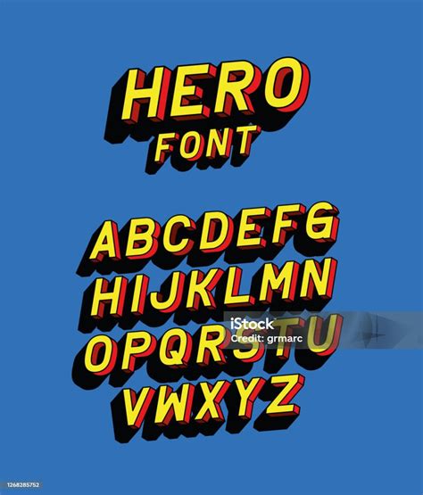 파란색 배경 벡터 디자인에 알파벳이 있는 영웅 글꼴 글꼴 3차원 형태에 대한 스톡 벡터 아트 및 기타 이미지 3차원 형태 만화 문자 Istock