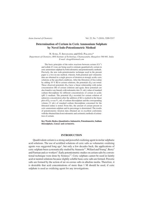 Pdf Determination Of Cerium In Ceric Ammonium Sulphate By Novel Iodo Potentiometric Method