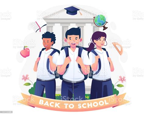 배낭이 달린 학생 유니폼을 입은 아이들은 학교로 돌아갈 준비가되어 있습니다 평면 스타일의 벡터 일러스트 레이 션 가방에 대한