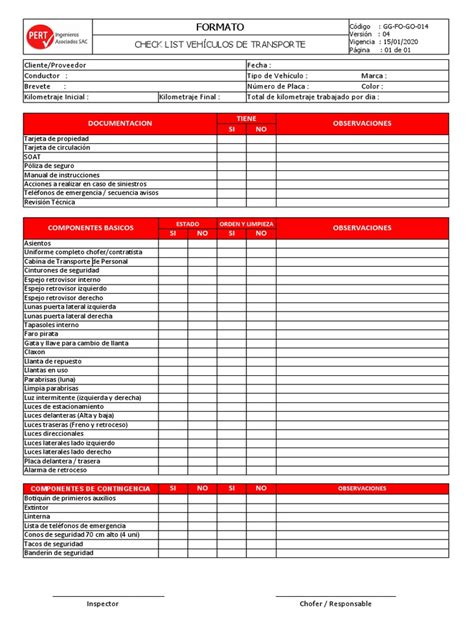 Gg Fo Go 014 Check List Vehículo De Transporte Rev03 Descargar Gratis Pdf Vehículo De Motor