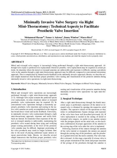 Pdf Minimally Invasive Valve Surgery Via Right Mini Thoracotomy