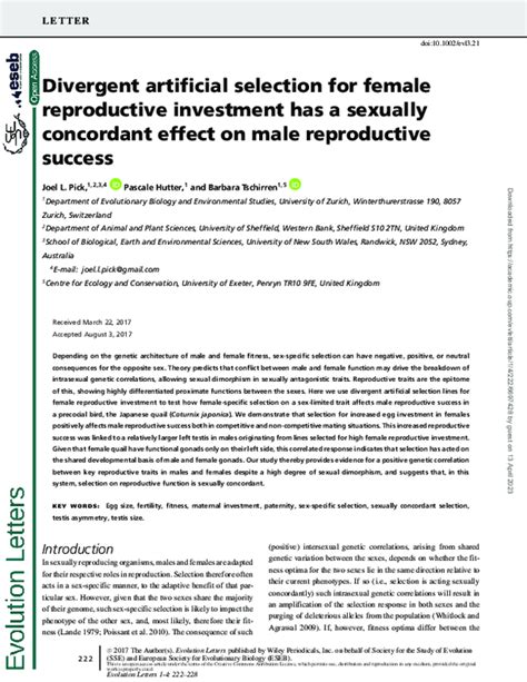 Pdf Divergent Artificial Selection For Female Reproductive Investment