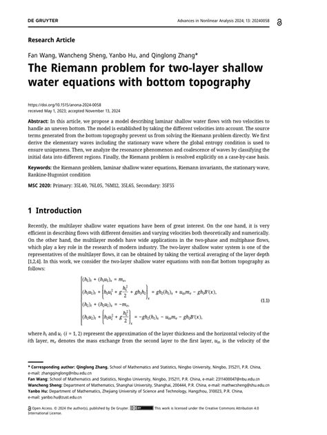 Pdf The Riemann Problem For Two Layer Shallow Water Equations With Bottom Topography