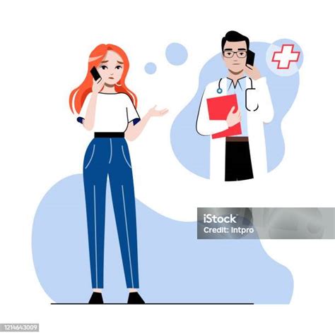 온라인 의료 상담의 개념 여자는 자신에게 아픈 증상에 대한 정보를 얻기 위해 의사를 호출합니다 온라인 의료 약속의 개념 만화 선형 윤곽선 평면 벡터 일러스트 의사에 대한