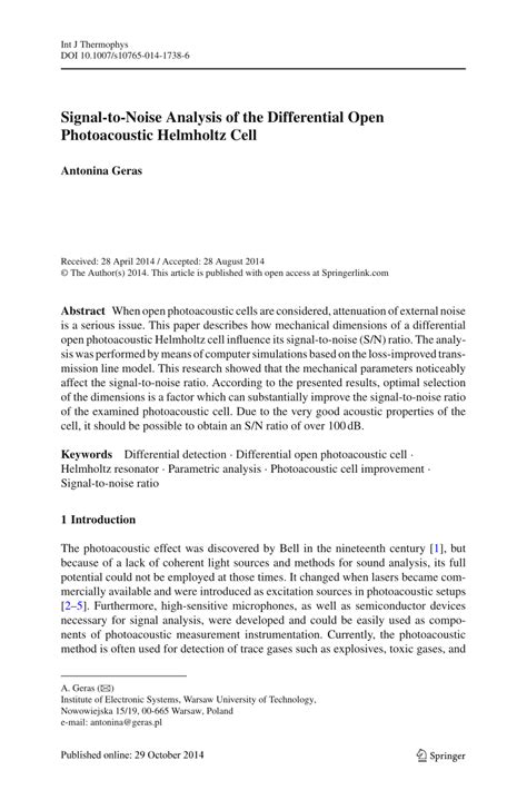 Pdf Signal To Noise Analysis Of The Differential Open Photoacoustic Helmholtz Cell
