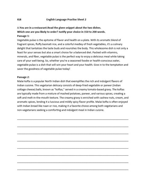 Ig8 English Langauge Practise Sheet 2 Pdf Indian Cuisine Asian Cuisine