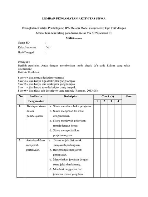 Lembar Pengamatan Aktivitas Siswa Pdf