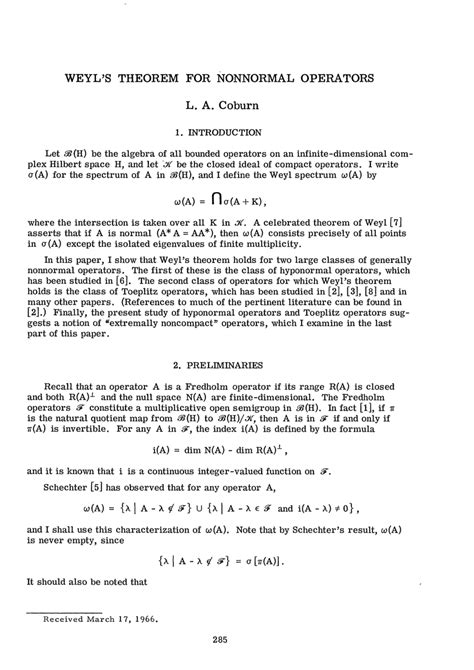 Pdf Weyls Theorem For Nonnormal Operators