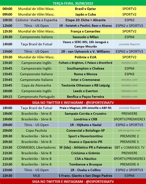Esportes Na Tv 📺 On Twitter A Agenda Esportiva Desta TerÇa Feira 30