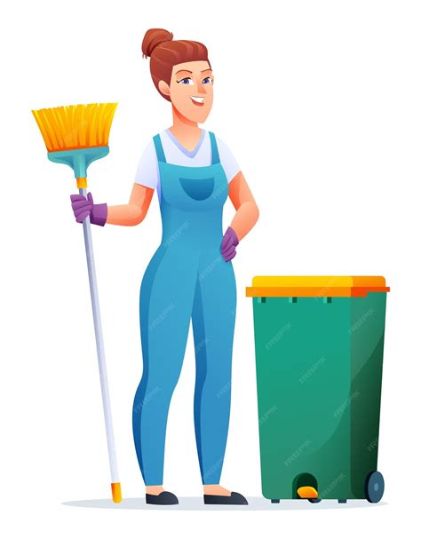 Premium Vector Cleaning Service Woman With Broom And Trash Can