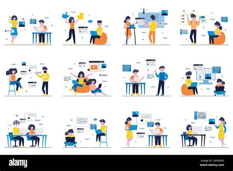 Web Development Concept With Tiny People Scenes Set In Flat Design Bundle Of Men And Women