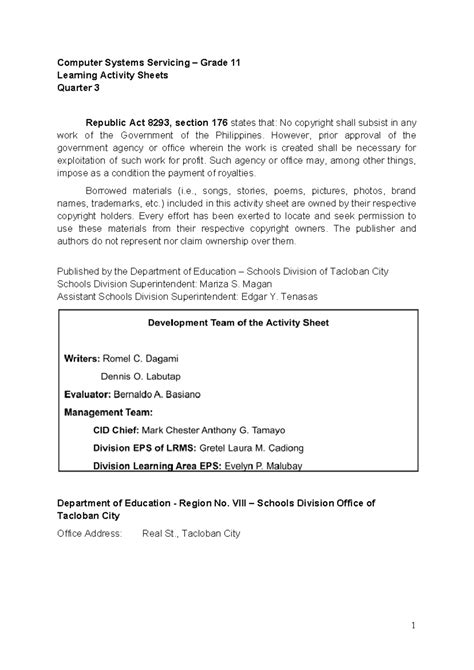 Las Week 2 Css 11 Asd Computer Systems Servicing Grade 11 Learning Activity Sheets Quarter