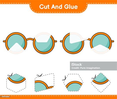 잘라 붙이고 접착제를 자르고 선글라스의 일부를 자르고 접착제를 붙입니다 교육 어린이 게임 인쇄 워크 시트 벡터 일러스트레이션 0