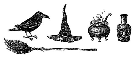 Les Symboles Dhalloween Le Corbeau Le Chapeau De Sorcière Le Balai La