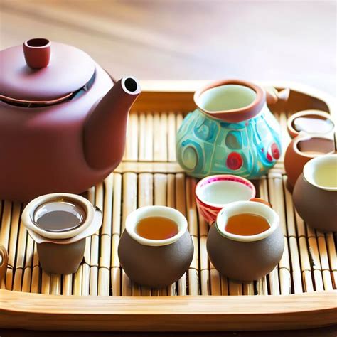 Premium Ai Image Asian Tea Set On Bamboo Tray