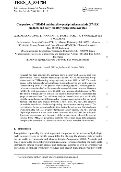 Pdf Comparison Of Trmm Multisatellite Precipitation Analysis Tmpa Products And Daily Monthly