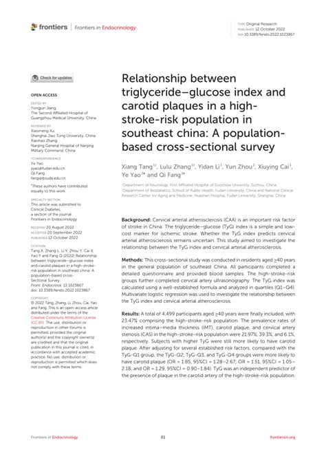Pdf Relationship Between Triglyceride Glucose Index And Carotid Plaques In A High Stroke Risk