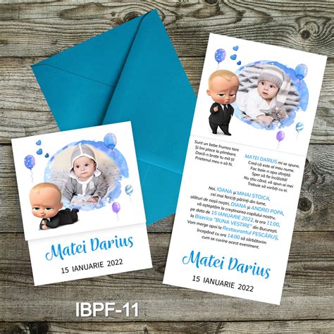 Invitatii Botez Cu Eticheta Si Plic Albastru Baby Boss IBE 26