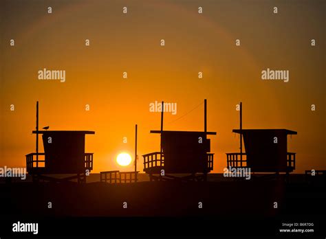 Lifeguard Towers On Beach At Sunset Venice Beach Los Angeles County