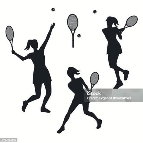 여성 테니스 선수 실루엣 평면 스타일 디지털 디자인 세트 요소 테니스를 치는 여자와 간단한 벡터 일러스트 레이 션 놀기에 대한