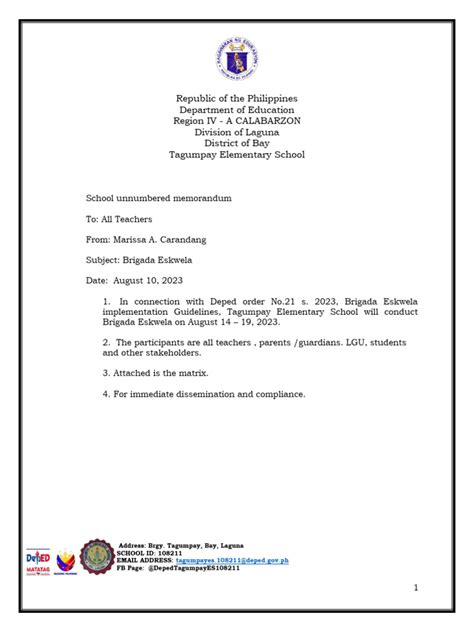 Sch Memo On Brigada Eskwela Pdf