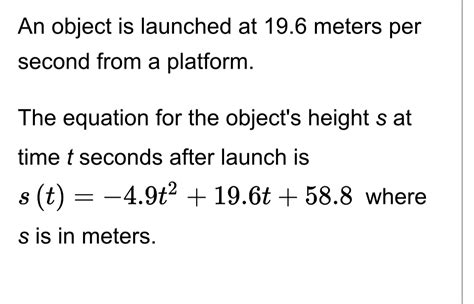 solved an object is launched at 19 6 meters per second from a platform