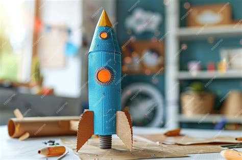 Premium Photo Craft Model Blue Paper Rocket On The Table