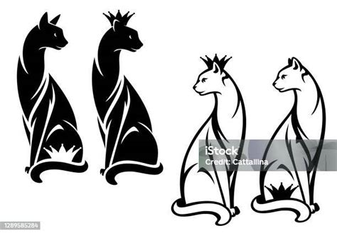 로얄 크라운 블랙 과 화이트 벡터 디자인 세트를 입고 여왕 또는 공주 고양이 0명에 대한 스톡 벡터 아트 및 기타 이미지 0명 가축 검은색 Istock
