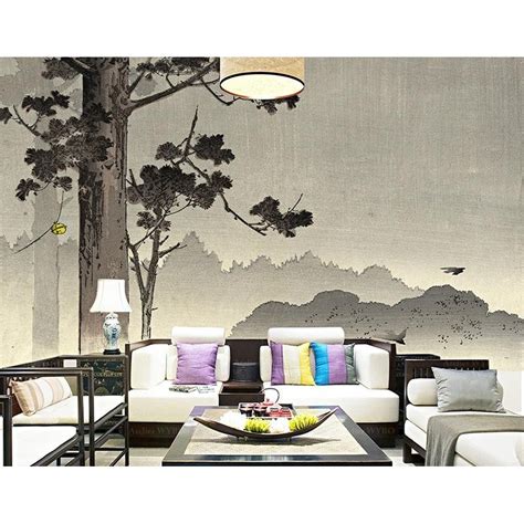 Tapisserie Murale Estampe Japonaise Cloche Pin Montagne Oiseau