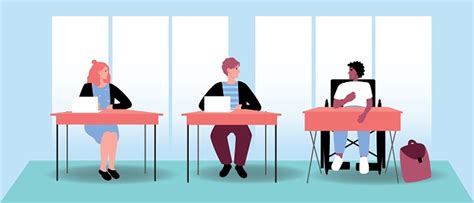학교 수업에서 책상에있는 포괄적 인 학생 휠체어를 탄 학생의 평면 벡터 스톡 일러스트 레이 션 개념에 대한 스톡 벡터 아트 및