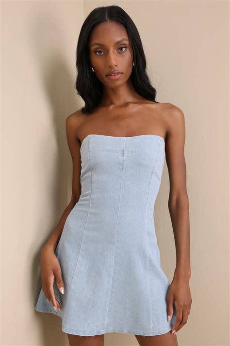 Light Wash Denim Dress Strapless Mini Dress Skater Dress Lulus