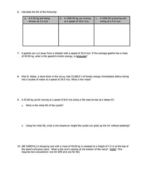 Gravitational Potential Energy Gpe And Kinetic Ke Word Problems Worksheet
