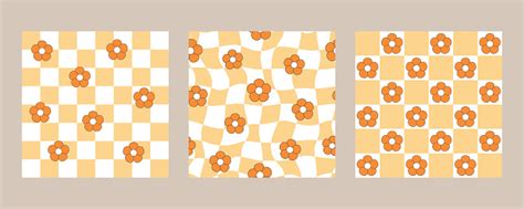 오렌지 윤곽선은 트렌디한 복고풍 스타일의 체스판 배경에 꽃을 그립니다 1960 1969 년에 대한 스톡 벡터 아트 및 기타 이미지 1960 1969 년 1970