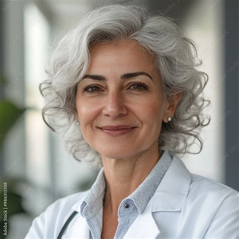 Head Shot Profile Picture Of Smiling Older Female Doctor Wear White