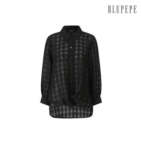 포스티 블루페페 체크 시스루 꼬임 블라우스 Bkp222psc942