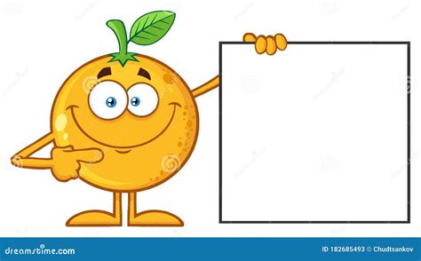 Smiling Orange Fruit Cartoon Mascot Character Pointing To A Blank Sign