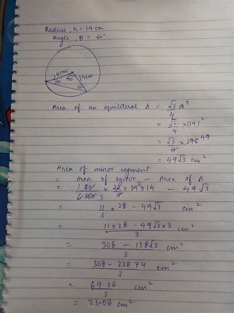 Find The Area Of The Minor Segment Of A Circle Of Radius 14 Cm When Its Central Angle Is 60