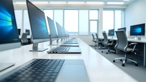 Computer Lab With Rows Of Laptops Or Desktops Stock Illustration