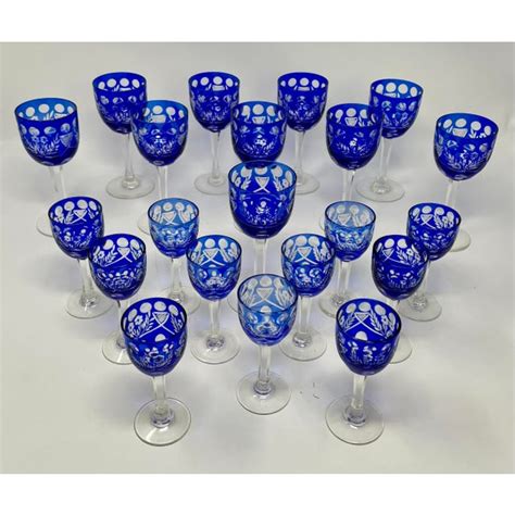 Cobalt Blue Cut Czech Crystal Hock Wine Glassware Set 21pc Chairish
