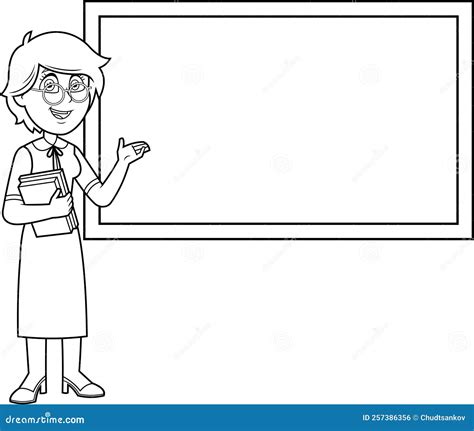 Outlined Female Teacher Cartoon Character Holding A Textbooks And